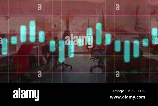Animation of digital data processing over office background. Global ...