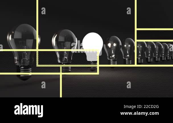 Animation of yellow lines over row of lightbulbs with one lit on black ...