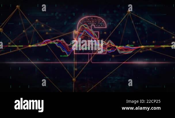Animation of pound sign and digital data processing over dark ...