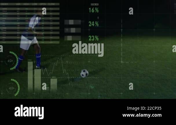 Animation of diverse data processing over african american male football player kicking ball ...