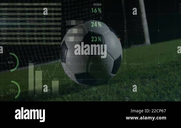 Animation of diverse data processing over football player kicking ball. Global sport ...