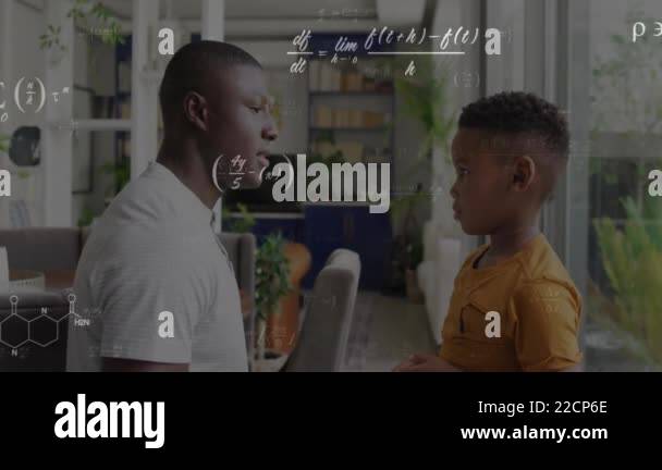 Animation of mathematical equations over african american father embracing his son. Technology ...