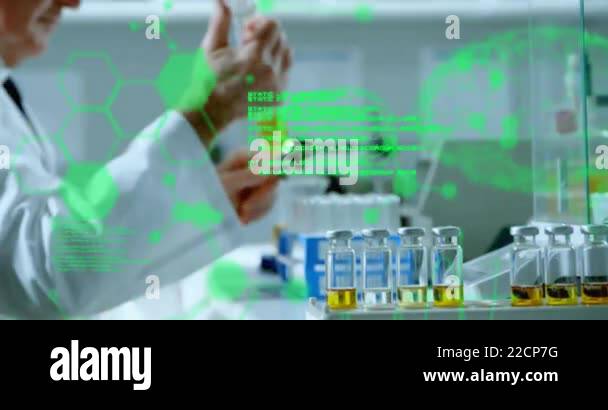 Animation of chemical formula and data processing over caucasian male scientist doing experiment ...