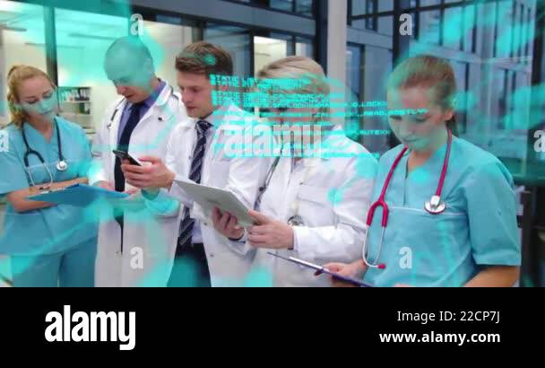 Animation of data processing and chemical formula over caucasian ...