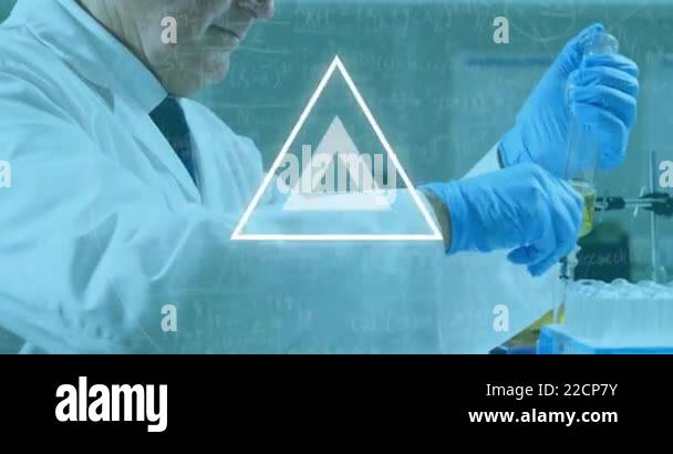 Animation of shapes and data processing over caucasian male scientist ...