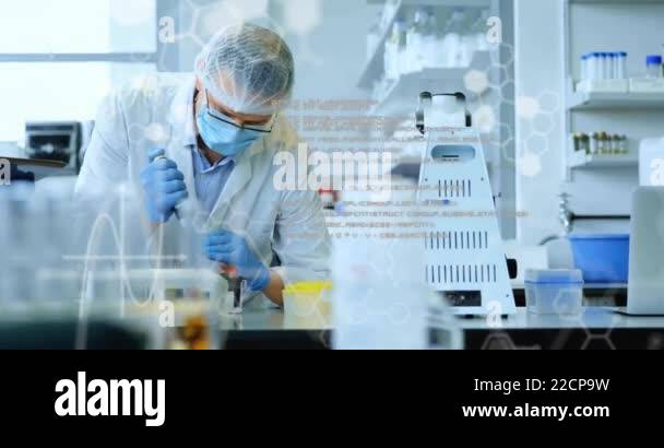 Animation of chemical formula and data processing over diverse scientists doing experiments ...
