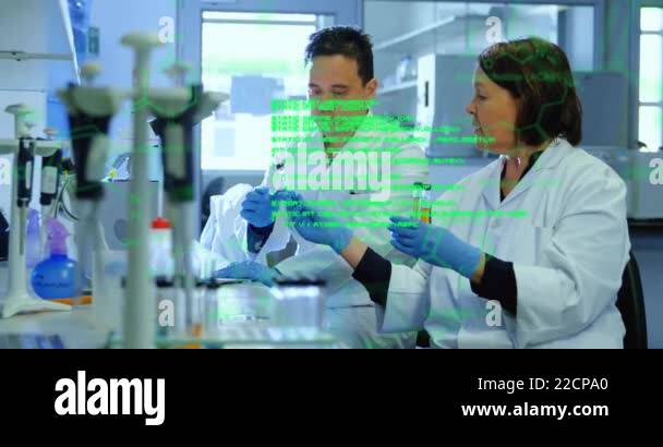 Animation of chemical formula and data processing over diverse scientists doing experiments ...