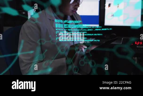 Animation of data processing and chemical formula over biracial female scientist using tablet ...