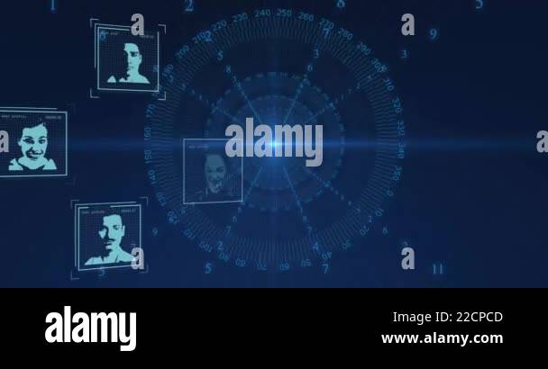 Animation of data processing with portraits on black background. Global ...