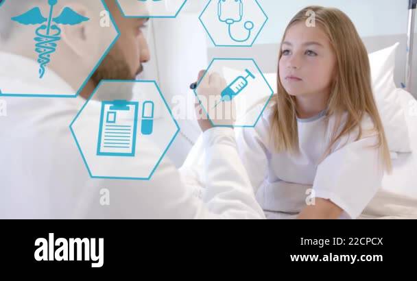 Animation of medical icons over biracial male doctor examining ...