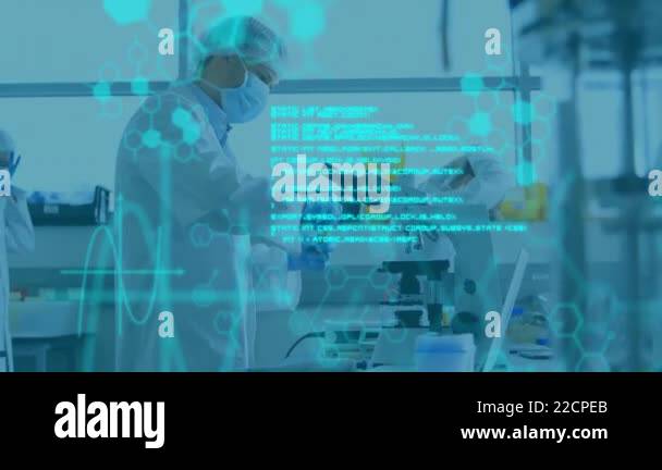 Animation of scientific data processing over biracial female scientist ...