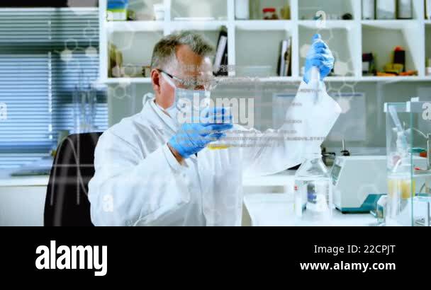 Animation of data processing and chemical formula over caucasian male scientist taking sample ...