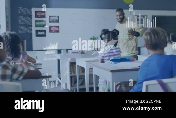 Animation of diagrams and data processing over biracial male teacher ...