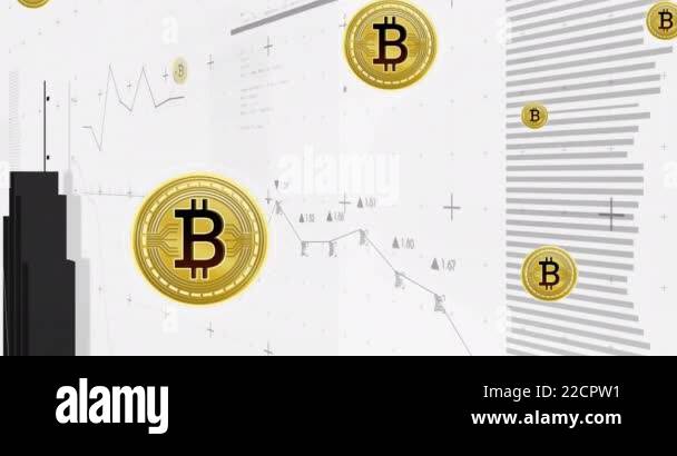 Animation of bitcoins over diagrams and data processing. Business and ...