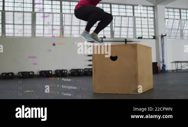 Animation of data processing over caucasian woman jumping on chest at ...