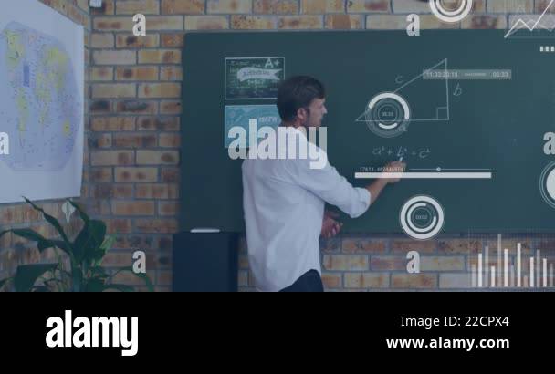 Animation of diagrams and data processing over caucasian male teacher ...