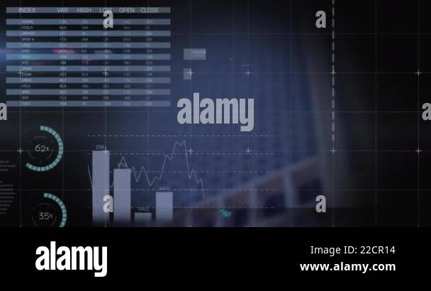 Data analysis animation over world map and pie charts with percentages. Analytics, statistics ...