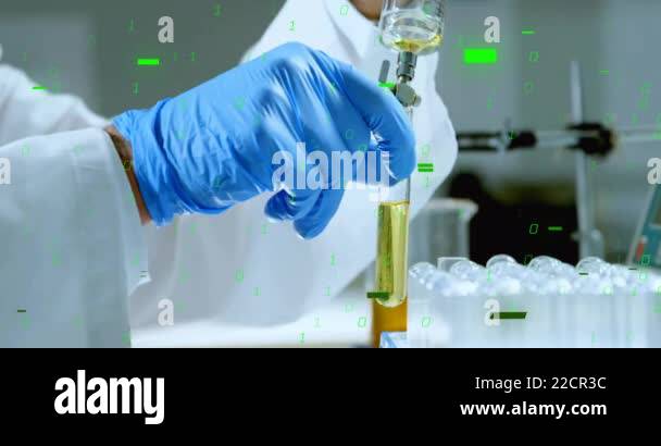Animation Of Binary Coding And Shapes Over Caucasian Male Scientist Doing Experiment In Lab