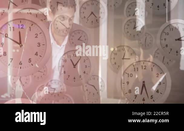 Animation of moving clocks over diverse colleagues having meeting in office. Global business ...