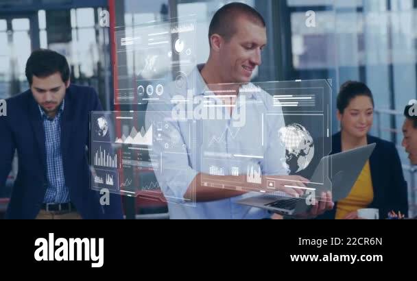 Animation of data processing over diverse colleagues working in office. Global business ...