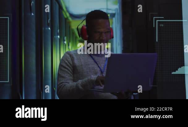 Animation of biometric photos and male african american technician ...