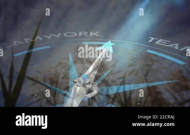 Compass pointing to teamwork over nature background animation ...