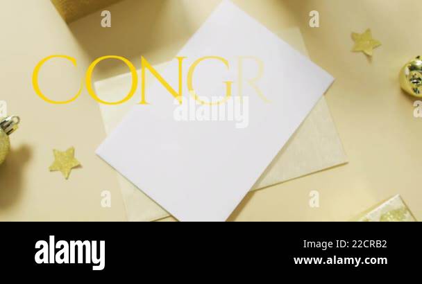Animation of congrats text over envelope with blank card and gifts on ...