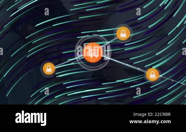 Shopping cart and padlock icons connected by lines, network security animation. Cybersecurity ...