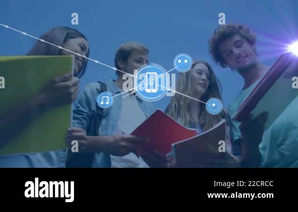 Holding notebooks, students with digital communication icons and music ...