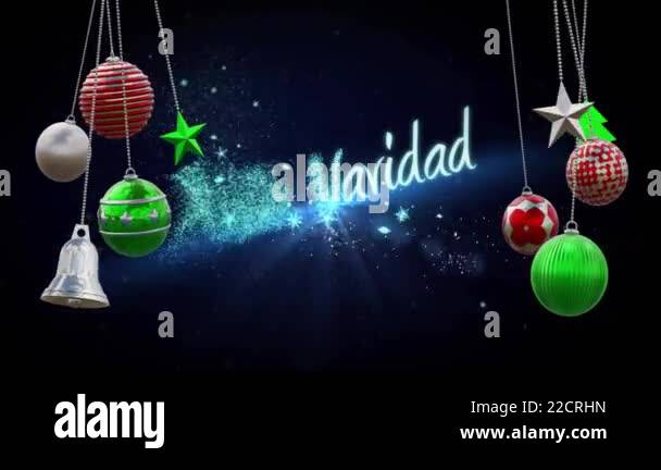 Animation of feliz navidad text over christmas baubles decorations ...