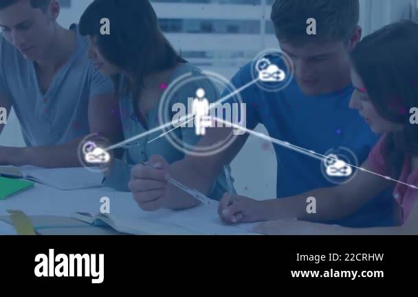 Network connections and data sharing animation over students studying ...