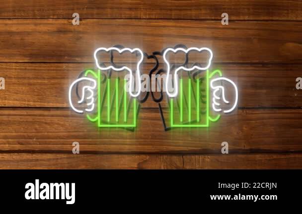 Clinking beer mugs animation over wooden background, celebrating with ...