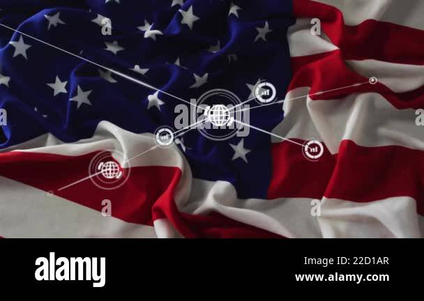 Network of connections and data processing animation over American flag ...
