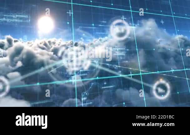 Cloud computing and data network animation over clouds and sky ...