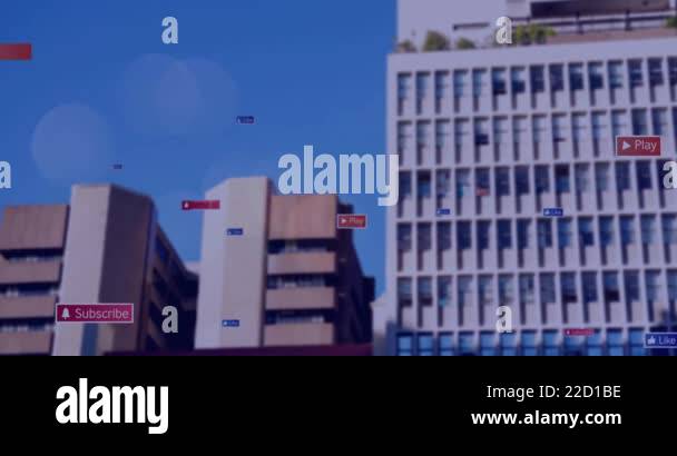Play and Subscribe button animation over city buildings against blue ...
