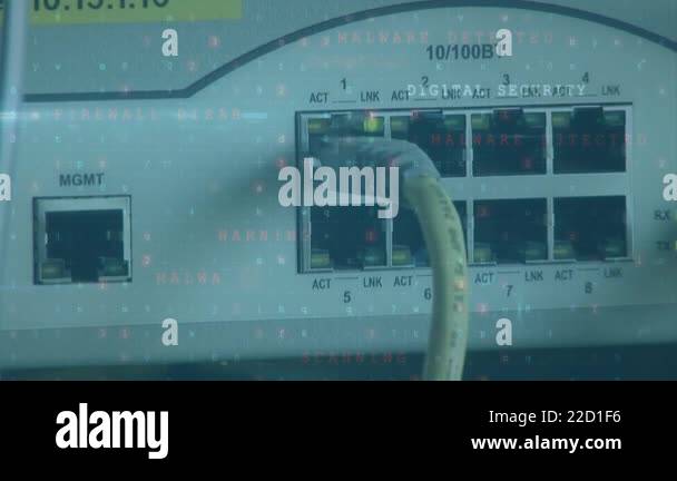 Animation of data processing and hacking texts over close up of server ...