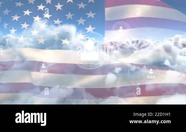 American flag and cloud computing animation over network of connected ...