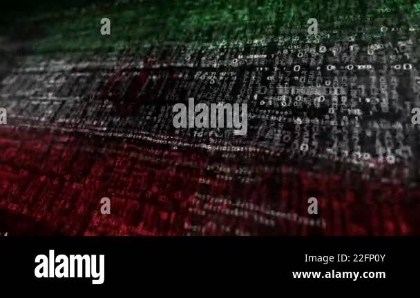 Iran USA flag waving secure code. Iranian blowing banner cyber security attack and hack concept ...