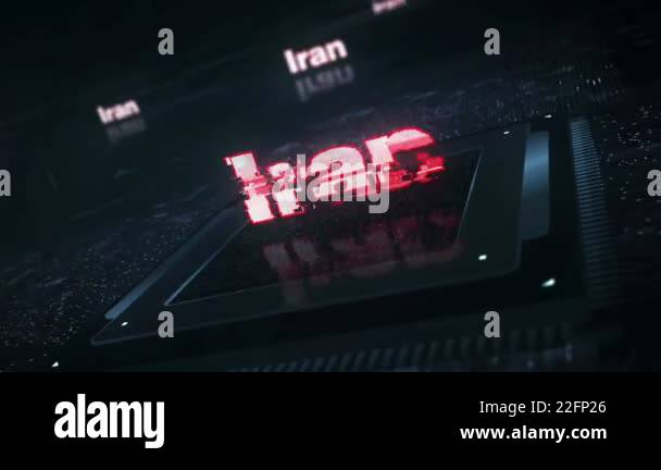 Iran USA flag on computer cpu. Iranian banner digital and cyber technology concept animation ...