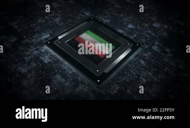 Iran USA flag on computer cpu. Iranian banner digital and cyber technology concept animation ...
