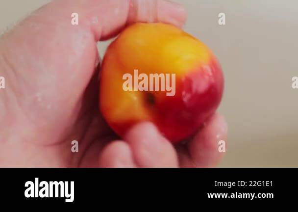 Ripe Peach in Man's Hand under Running Water, Preparing Fruit for ...