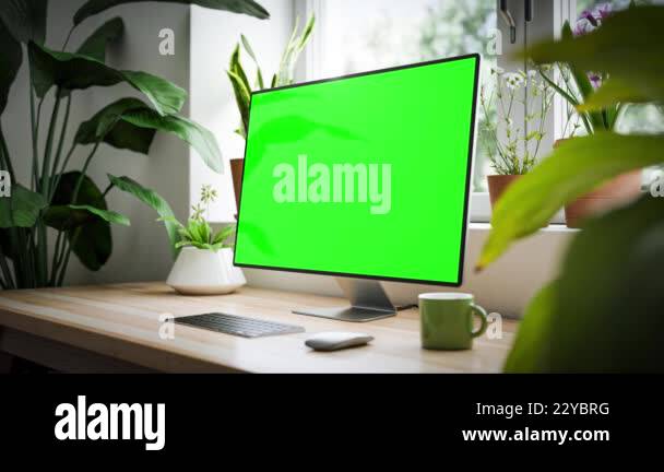 All-in-one computer with a blank green screen, placed on a wooden desk ...