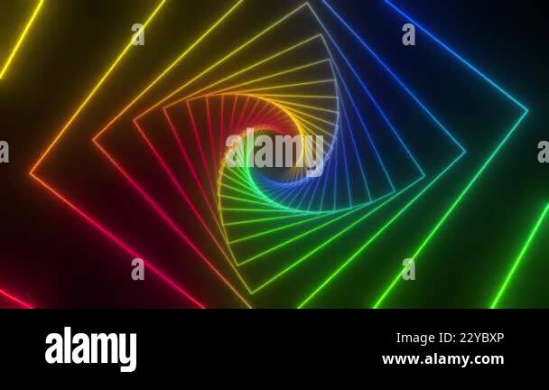 Travel through abstract neon tunnel. Glowing colorful triangles motion background. Seamless loop ...