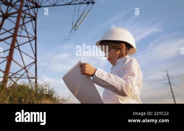 Little boy acting role of engineer or manager with safety helmet. Occupation in electrical ...
