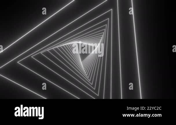 Travel through abstract neon tunnel. Glowing colorful triangles motion background. Seamless loop ...