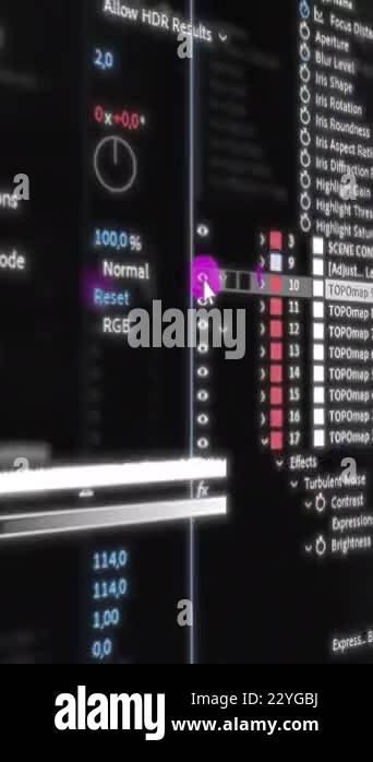 This video presents a dynamic computer screen with code and icons ...