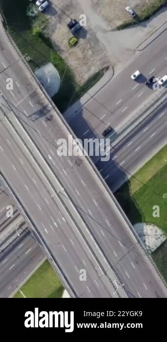 An overhead shot of a highly detailed complex highway interchange ...
