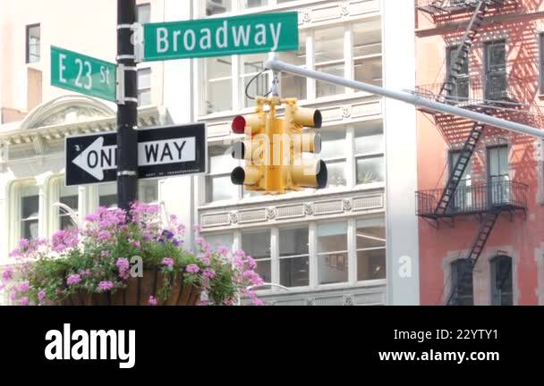 Broadway street road sign, Manhattan midtown architecture, New York ...
