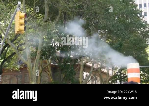 Steam vapor vented, New York City Church, Fulton street, orange vapour ...