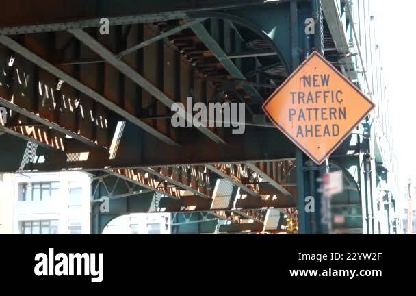 New York elevated subway, metropolitan bridge, metro track above street ...